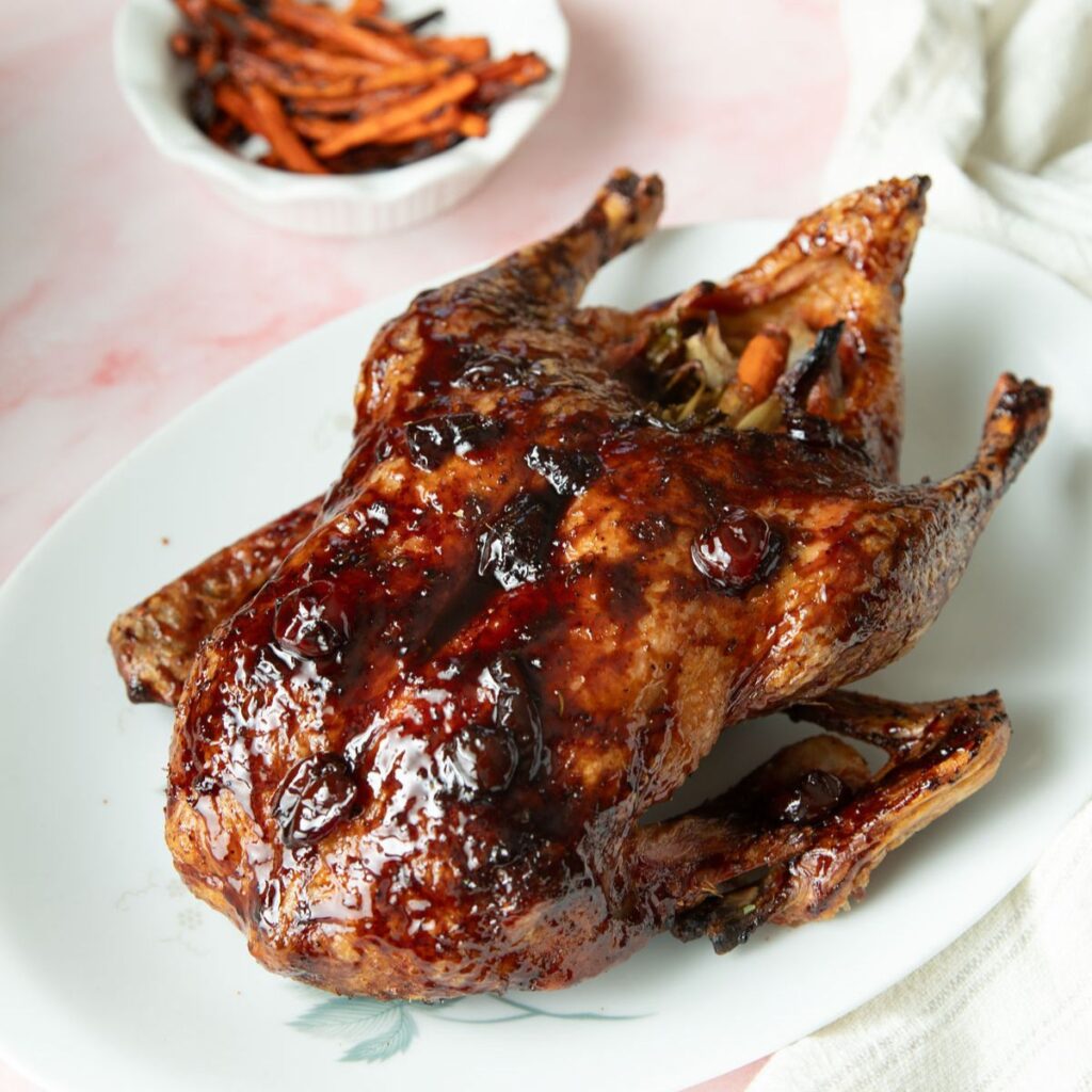 Balsamic Cherry Glazed Roasted Duck with Stuffing